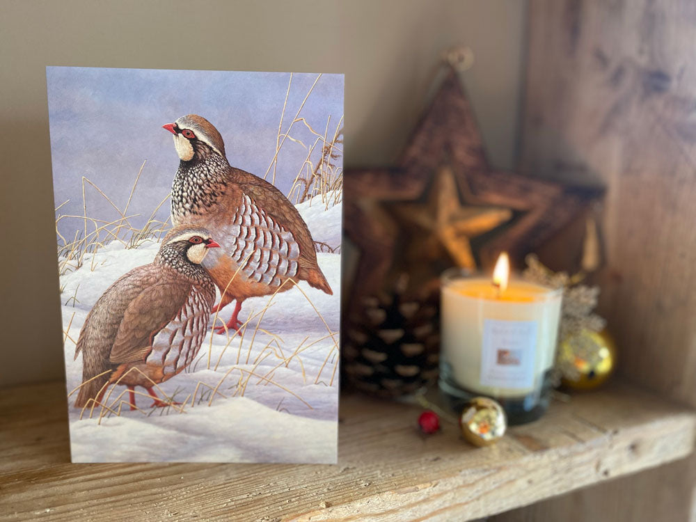 Red legged partridges in snow Christmas cards – Robert E Fuller