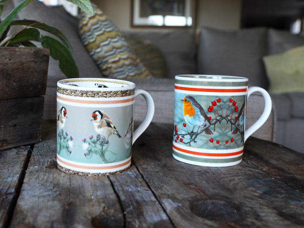 Goldfinch & Robin Mugs | Fine Bone China | Set of 2 – Robert E Fuller