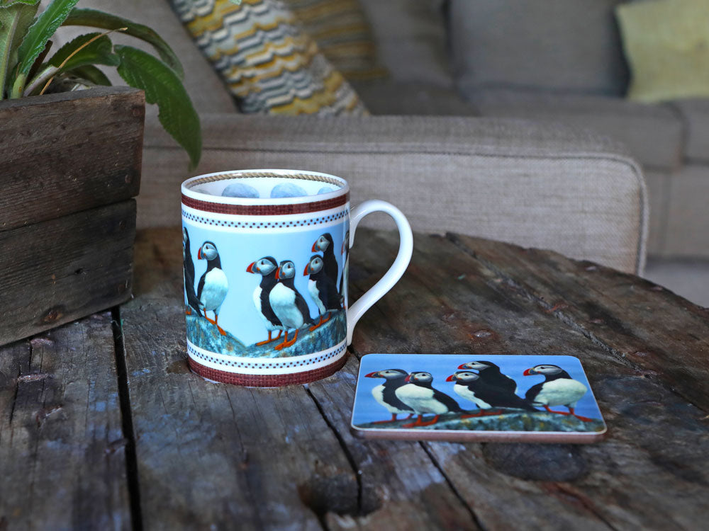 Puffins | Fine bone china mug and drinks coaster set – Robert E Fuller